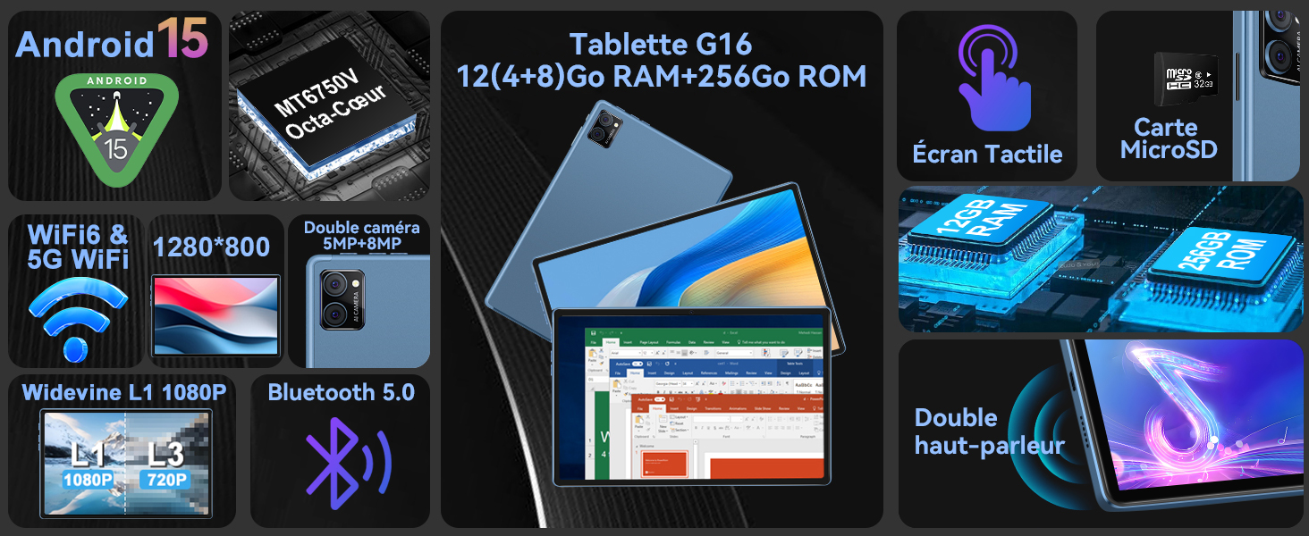 Tablette Android 15, MICREAR，12 Go RAM + 256 Go ROM(1To Extensible ...