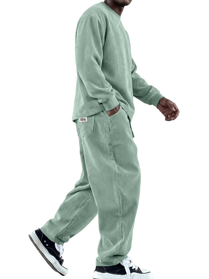 Men's Vintage Corduroy Long-Sleeved T-shirt and Loose Straight-Leg ...