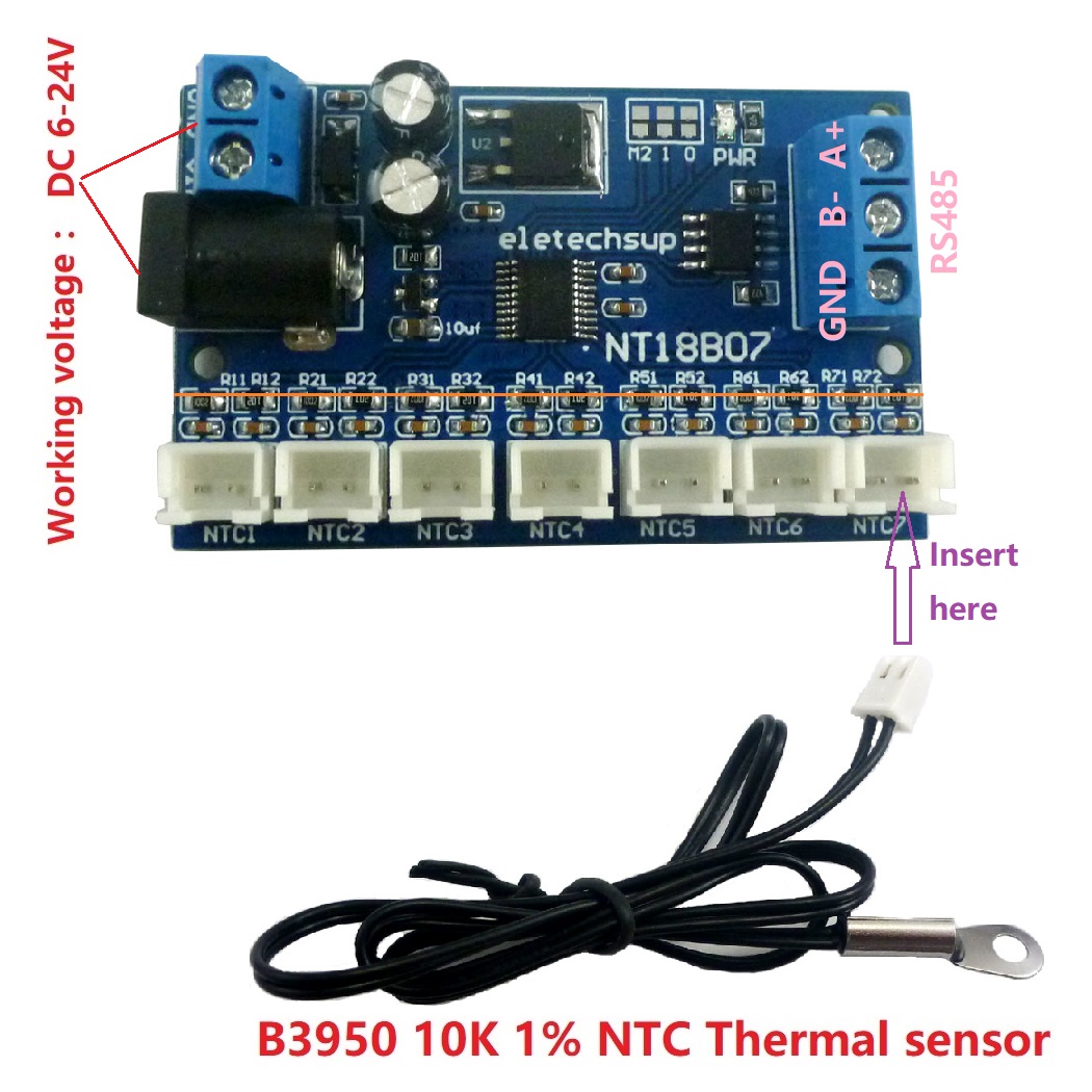 7 Channel NTC Temperature Transmitter 10K Thermistor to RS485 ...