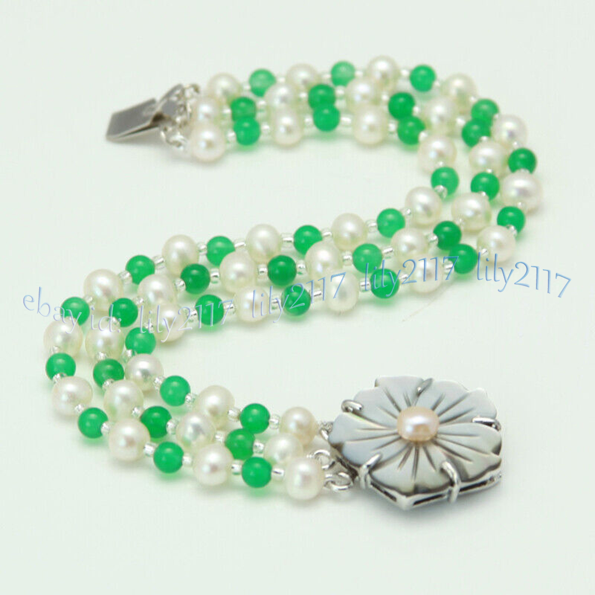 3 Rows 7-8mm Natural White Freshwater Pearl Round Jade Gems Beads ...