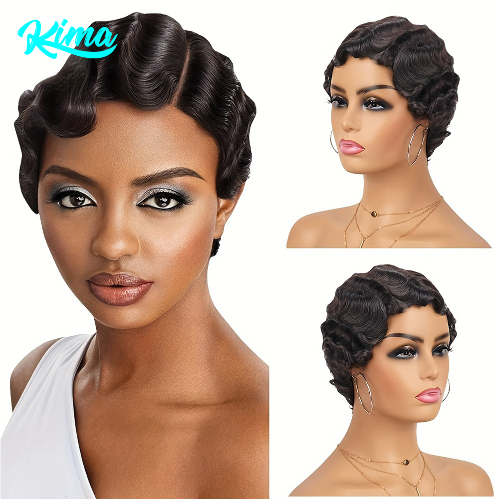 6Inch Short Finger Wave Human Hair Wig Full Machine Made Brazilian ...