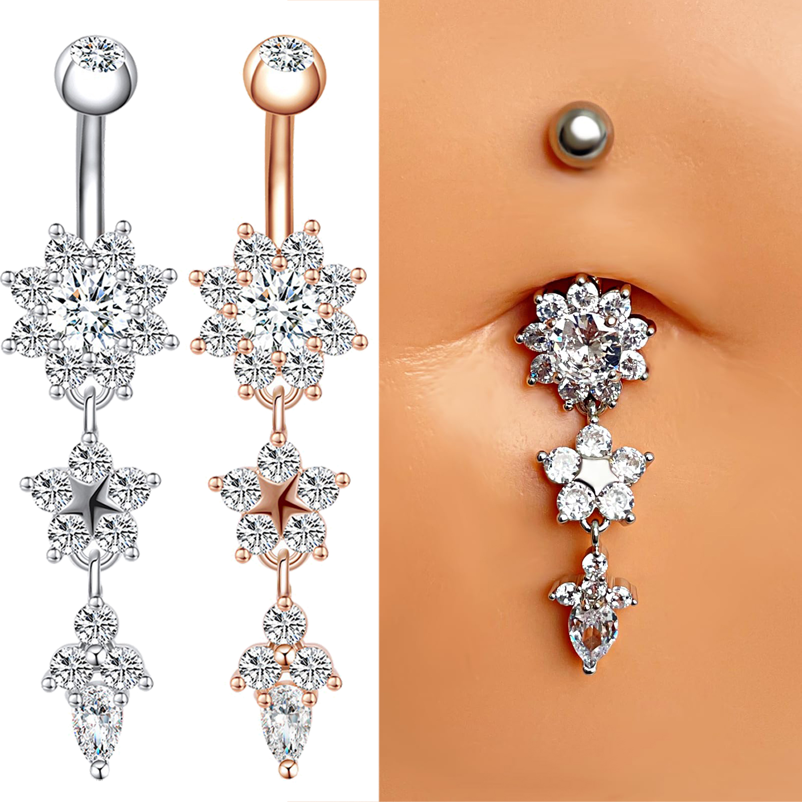 14g Stainless Steel Belly Button Ring CZ Dangle Navel Piercing Sexy ...